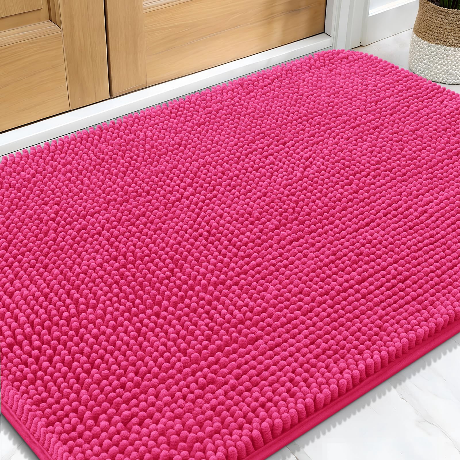 34" X 21" Solid Hot Pink Chenille Doormat For Muddy Paws Indoor ...