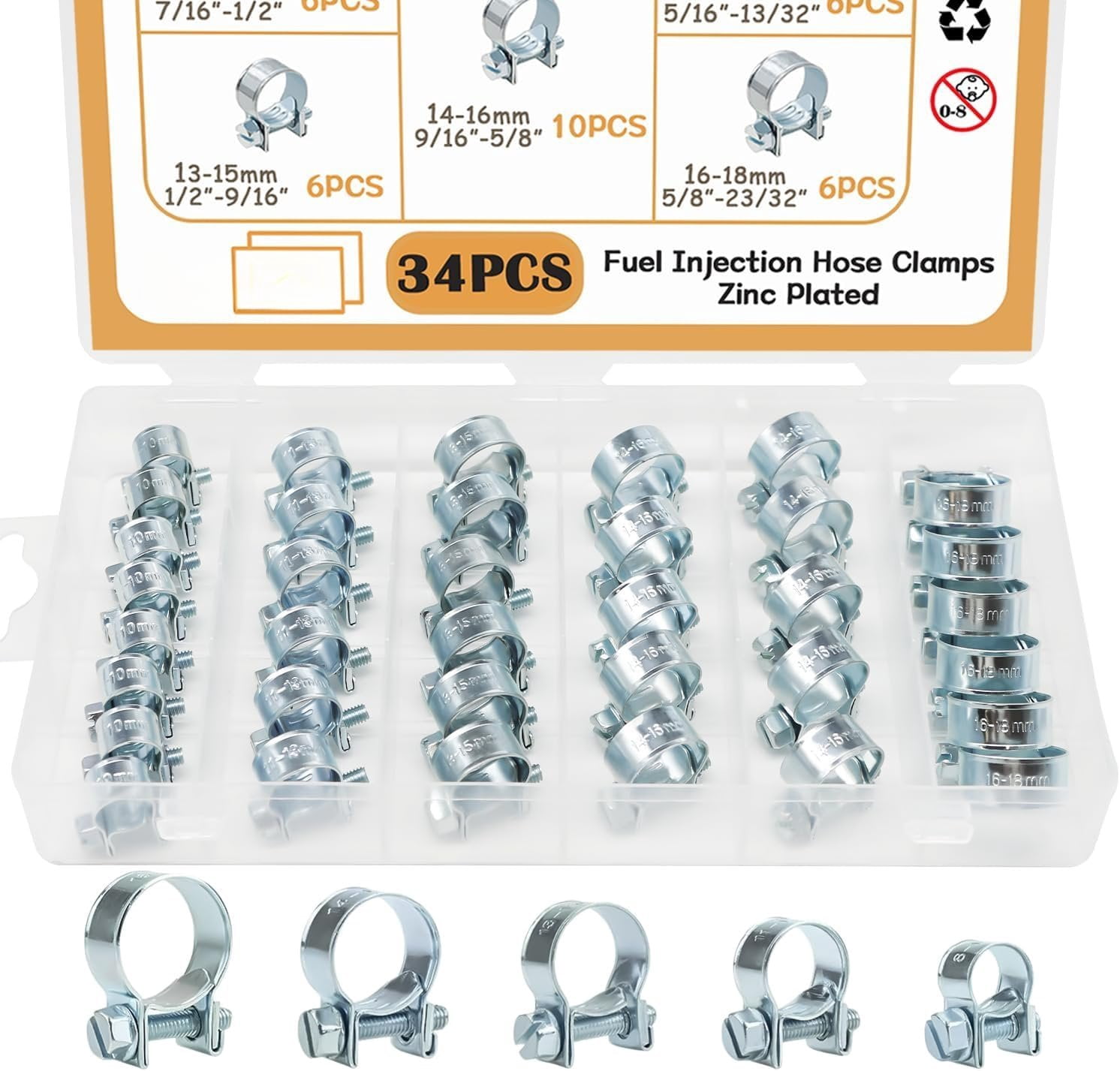 34 count 8-18mm 5 Sizes Injection Line Hose Clamps Assortment Kit, 1/4 ...