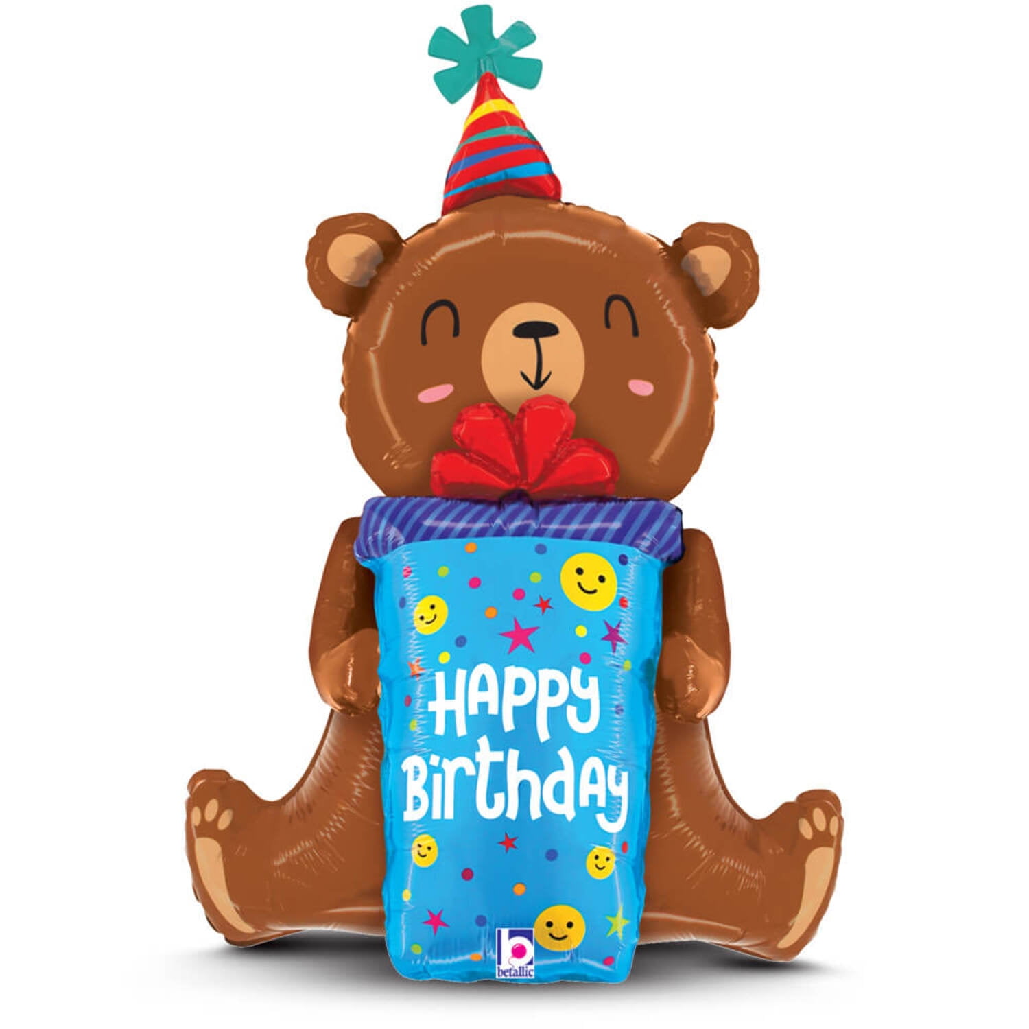 34 inch Betallic Happy Birthday Smiley Gift Bear Foil Mylar Balloon ...