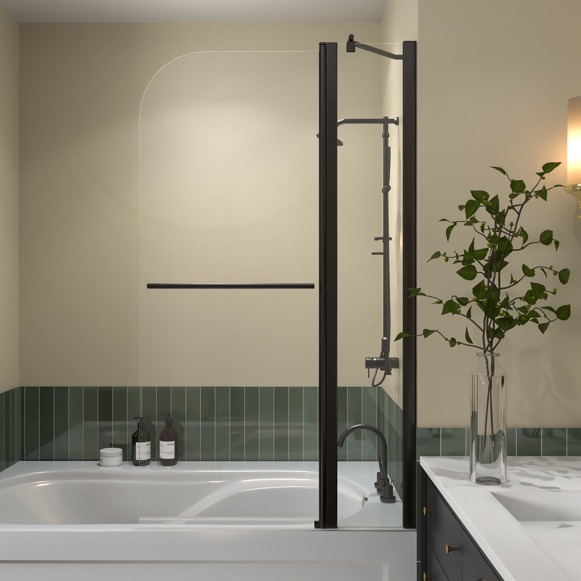 34''x 58'' Fixed Bathroom Foldable Tub Door with Clear Glass and Towel ...