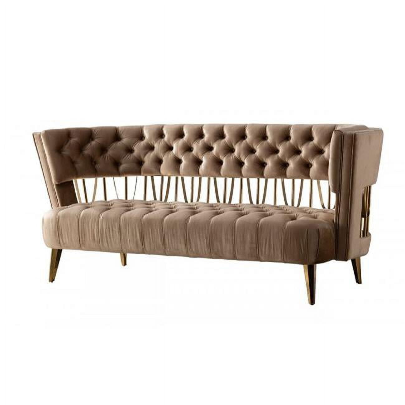 34 x 62 x 33 in. Dark Beige Velvet & Gold Exposed Back Love Seat ...