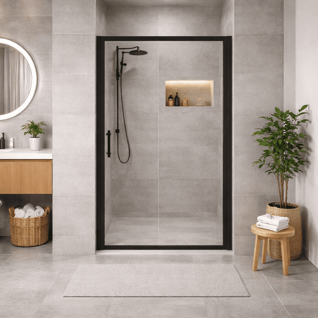 34"x 72" Pivot Shower Door, Matte Black Aluminum Frame, Half Frame ,1/4 ...