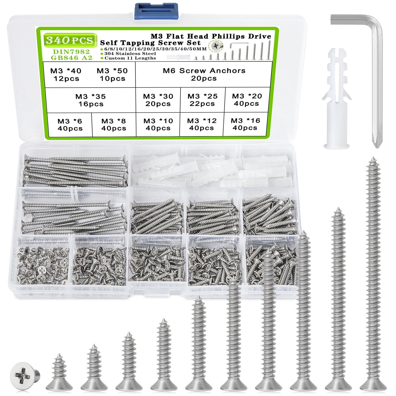 M3 Variety Pack 340PCS Self Tapping Screws Assortment Kit, Small Phillips Flat Head with L ...