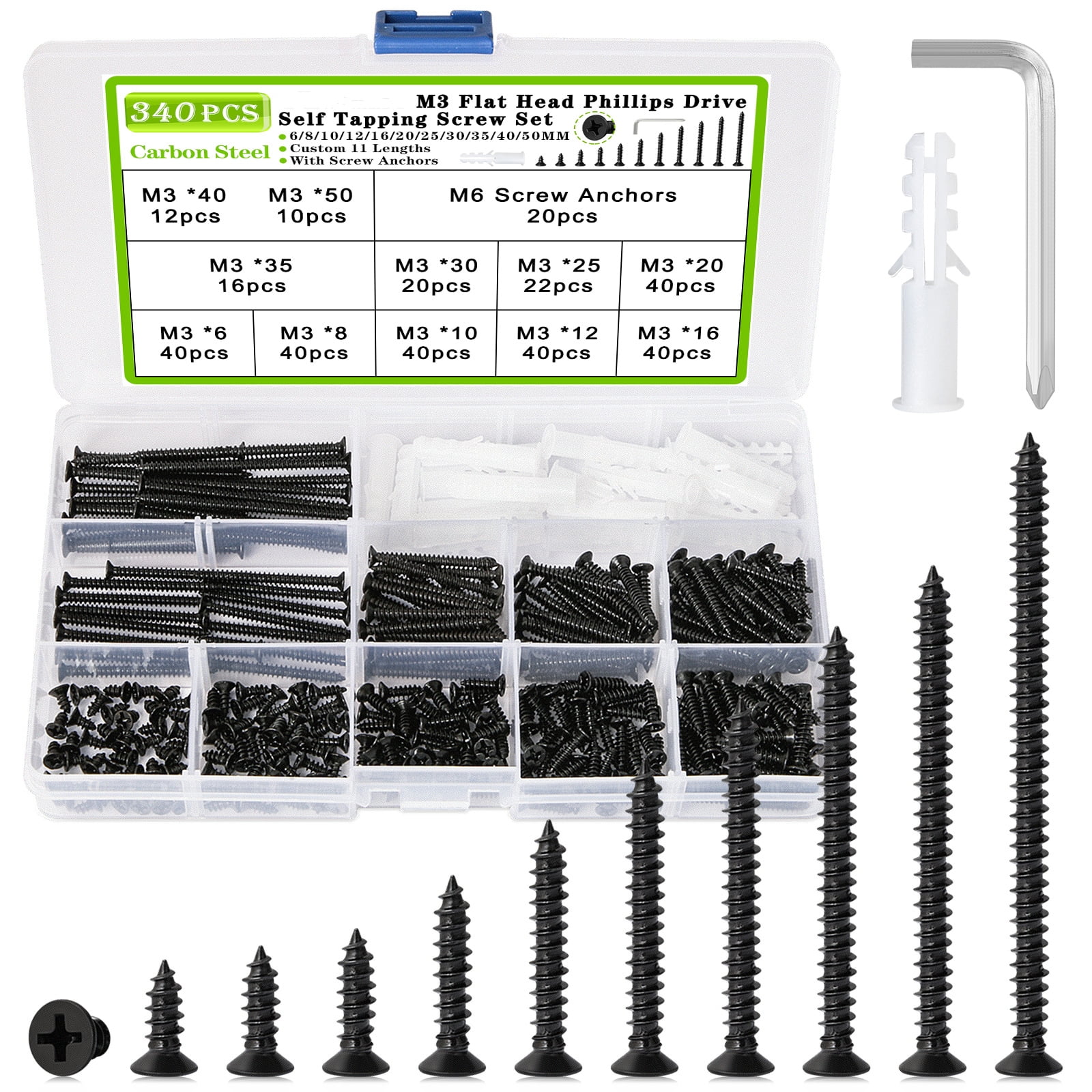 TLEEP 340PCS M3 Self Tapping Screws Kit, Carbon Steel, Black Wood ...