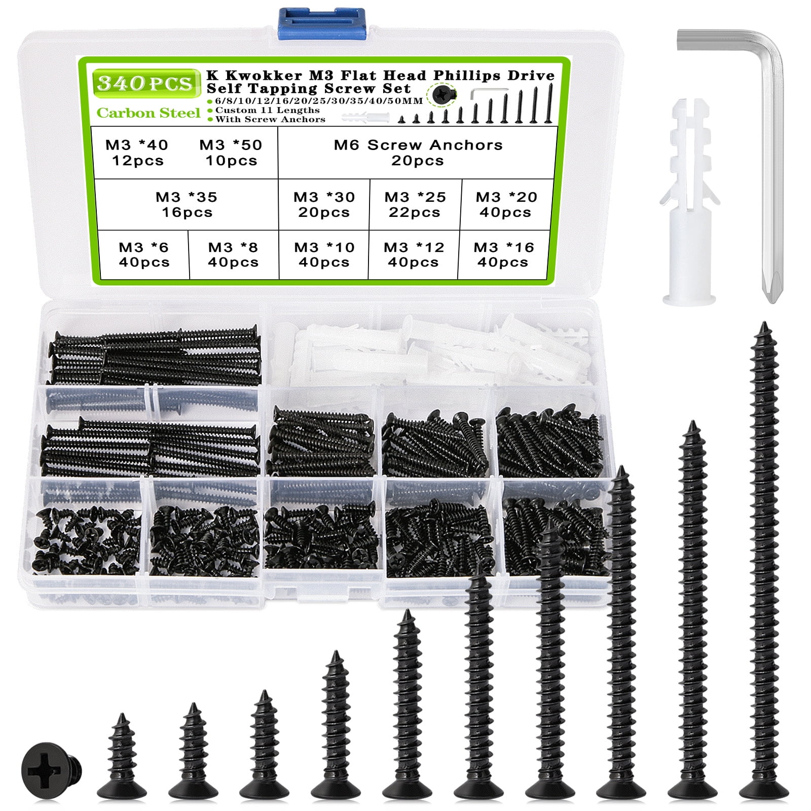 340PCS M3 Self Tapping Screws Assortment Kit, Phillips Tips Flat Head ...