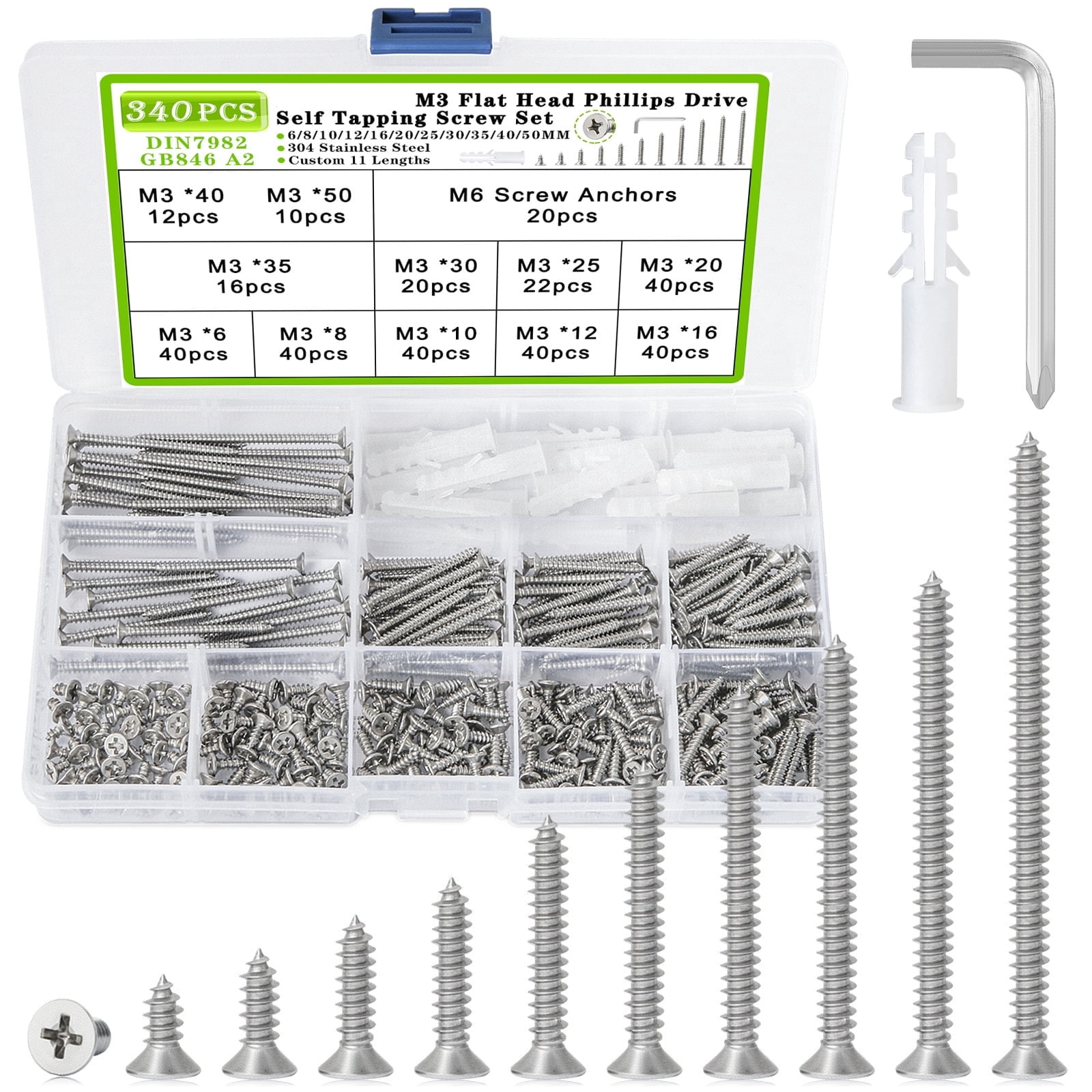 340PCS M3 Self Tapping Screws & Anchors, Phillips Flat Head Wood Screws ...