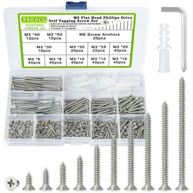340PCS M3 Self Tapping Screws Wood Screws Assortment Kit Flat Head Wood Screws and Anchors ...