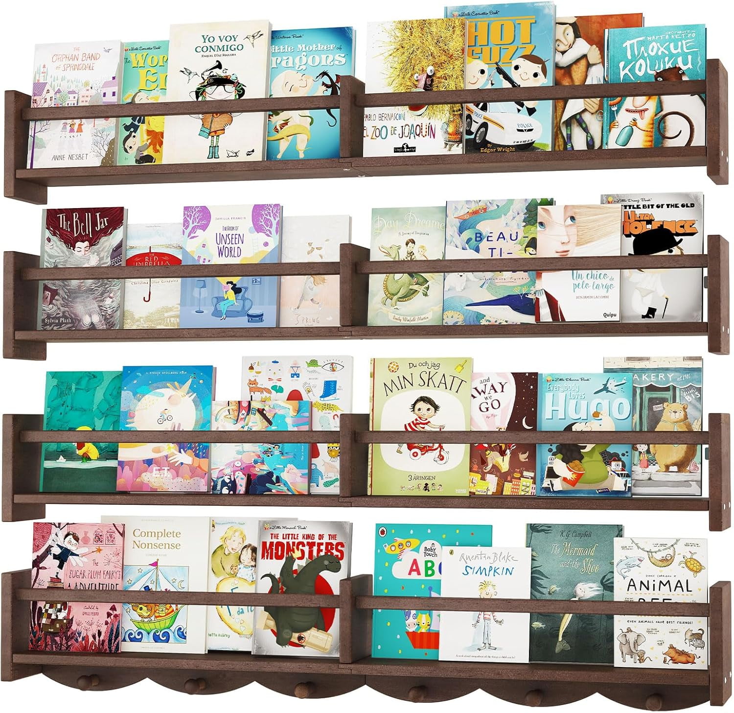 34Inch Nursery Bookshelves,Set of 4,Wall Floating Shelf Kids Coat Rack ...