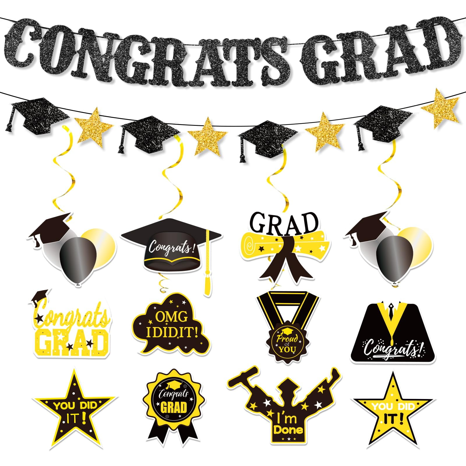 34PCS Congrats Grad Banner MMF7 2025, 12Pcs Hanging Swirls Gold Party ...