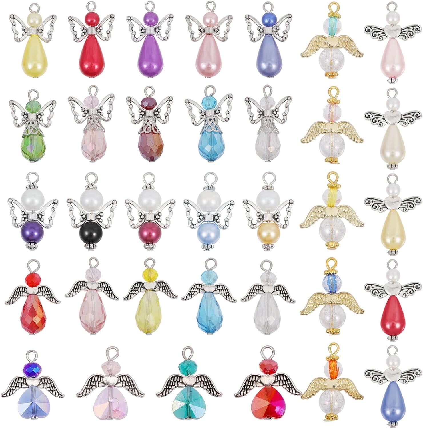 34Pcs 7Styles Angel Wing Charms Glass ABS Plastic Imitation Pearl ...