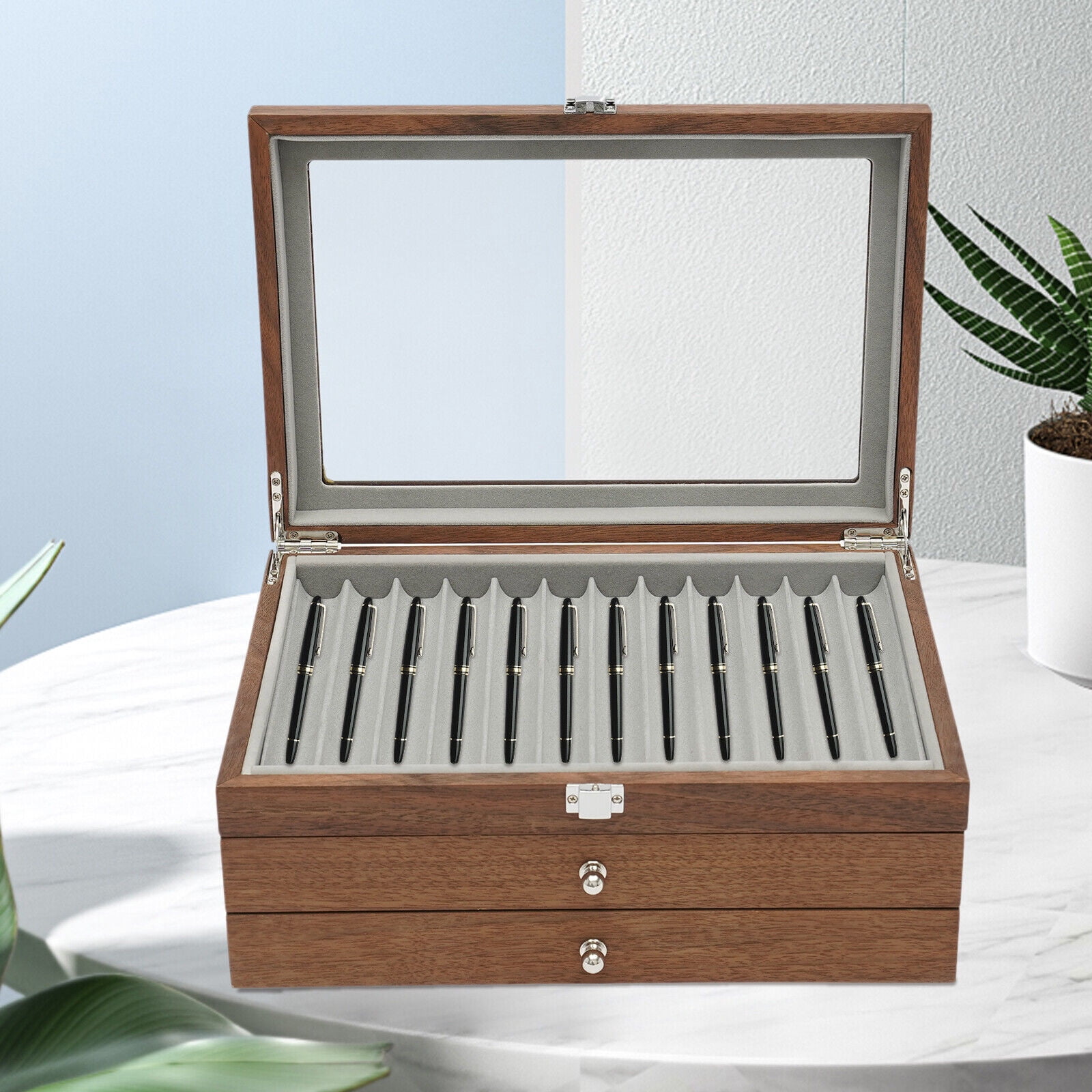 34Slots Walnut Wood Fountain Pen Display Case Holder Pen Display Box ...