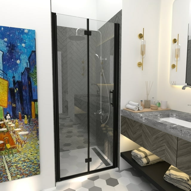 34X72” 34-35.5”Wx72”H Frameless Bifold Shower Door, Matte Black Finish ...