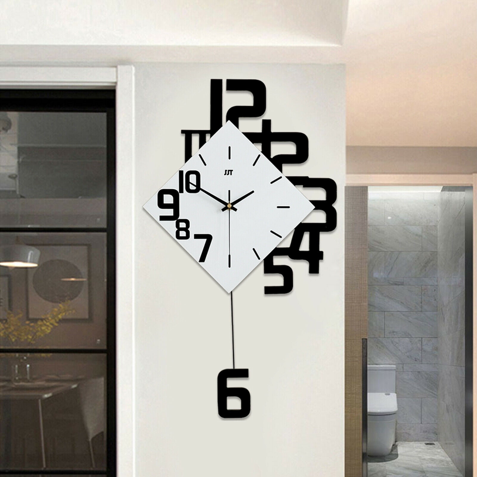 34cm Quartz Pendulum Wall Clock with Silent Movement,Metal+Solid Wood ...