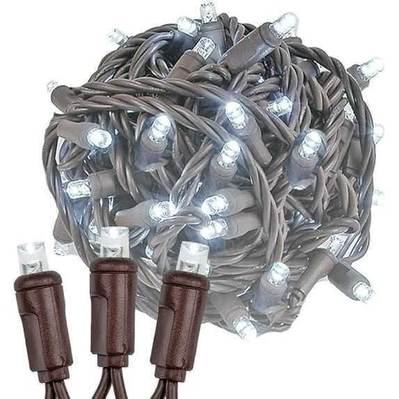 34ft 100 LED Pure White Christmas String Lights, 4" Spacing on Brown ...