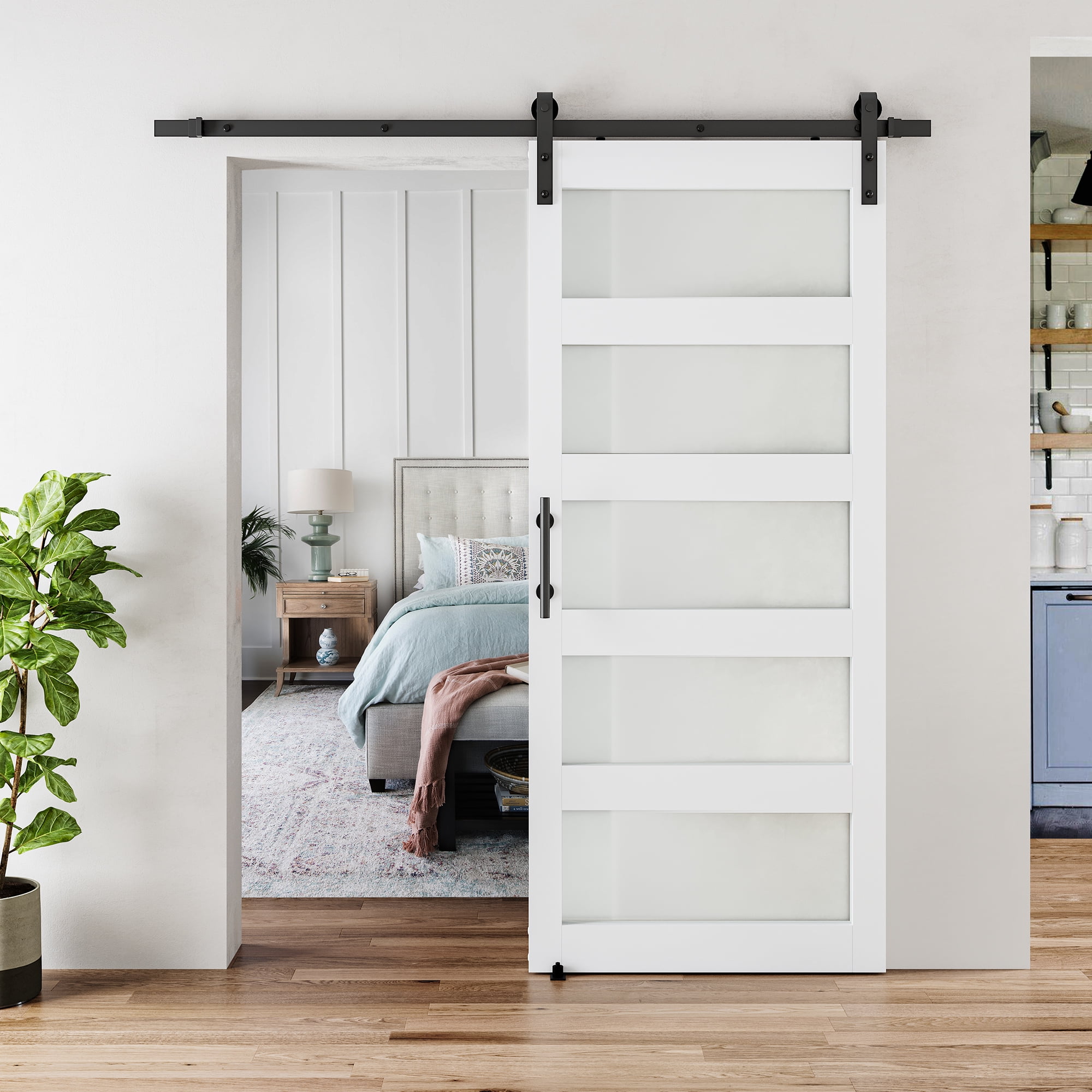 34in. W x 96in. H Glass Barn Door with Sliding Hardware Kit & Handle ...