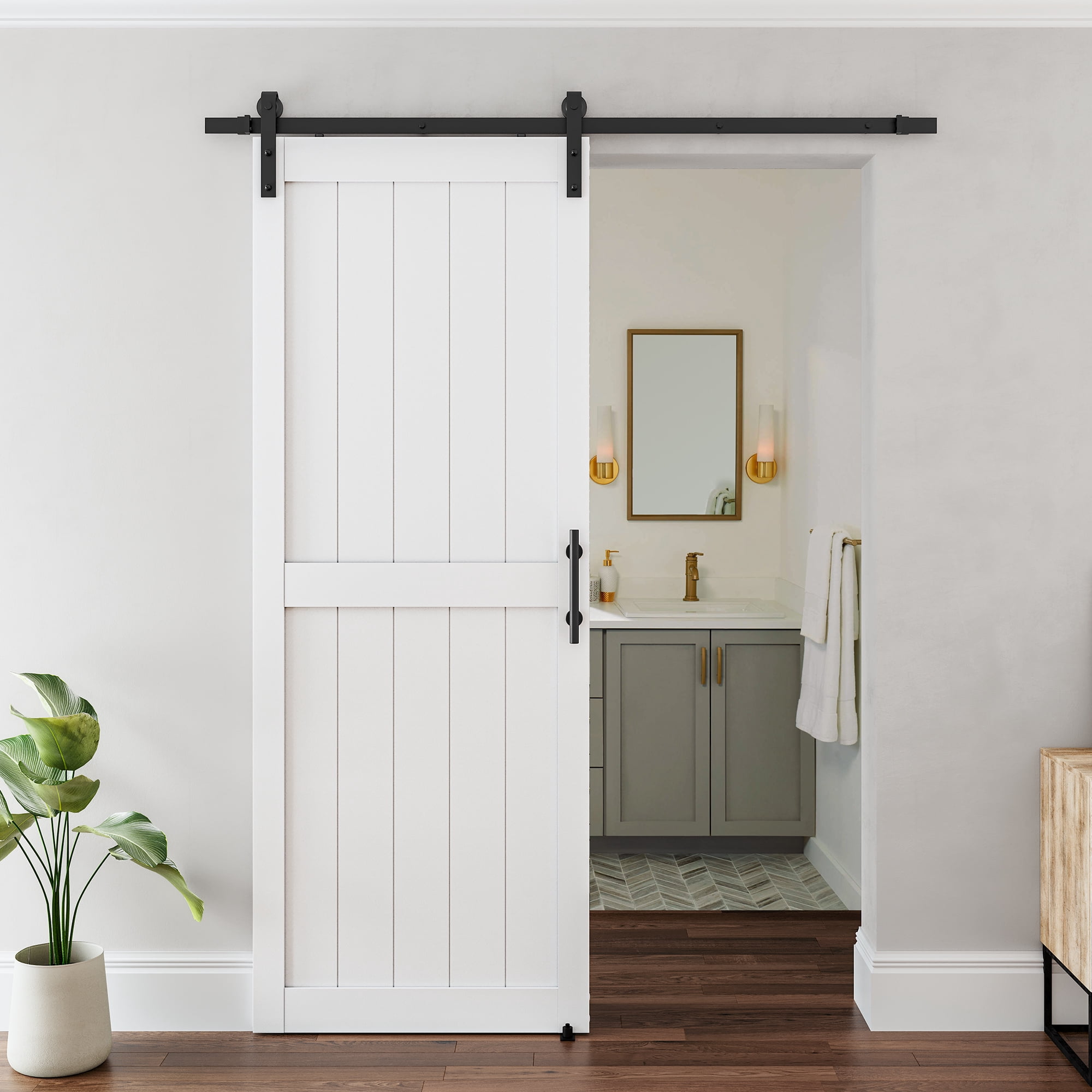34in. W x 96in. H White Sliding MDF Barn Door with Black Sliding Door ...