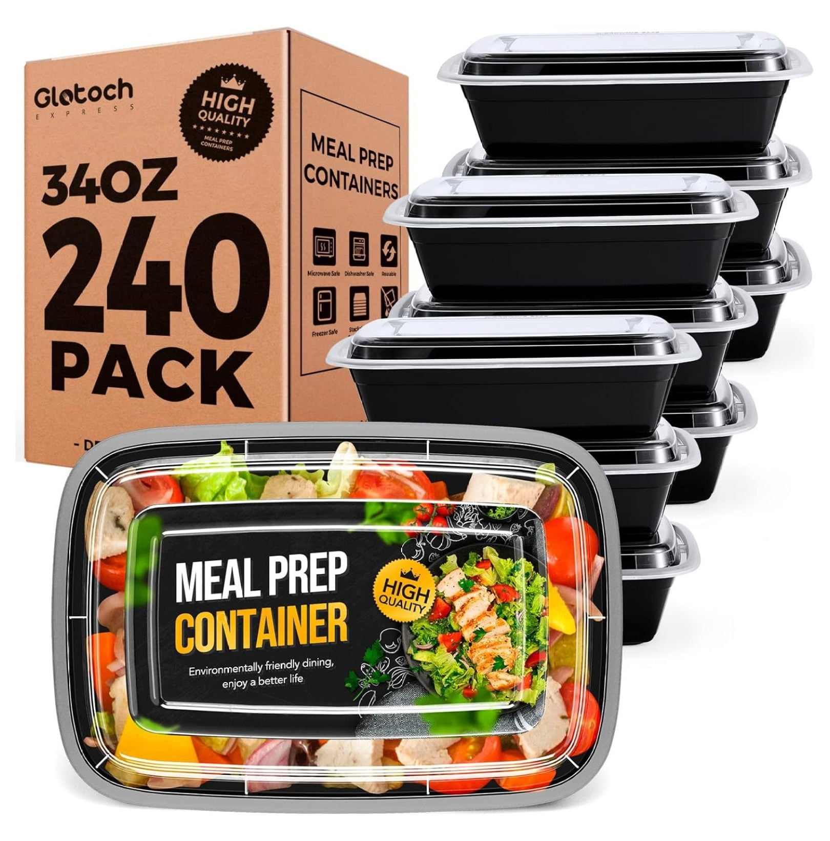 34oz 1-Compartment Black Square Meal Prep Containers, BPA- Plastic ...