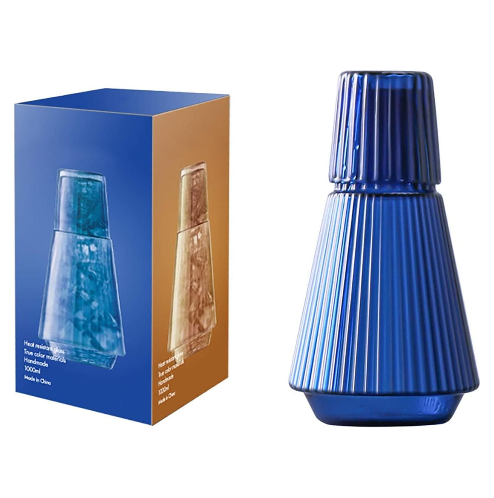 34oz Vintage Bedside Water Carafe and Glass Set, Classic Striped Glass ...