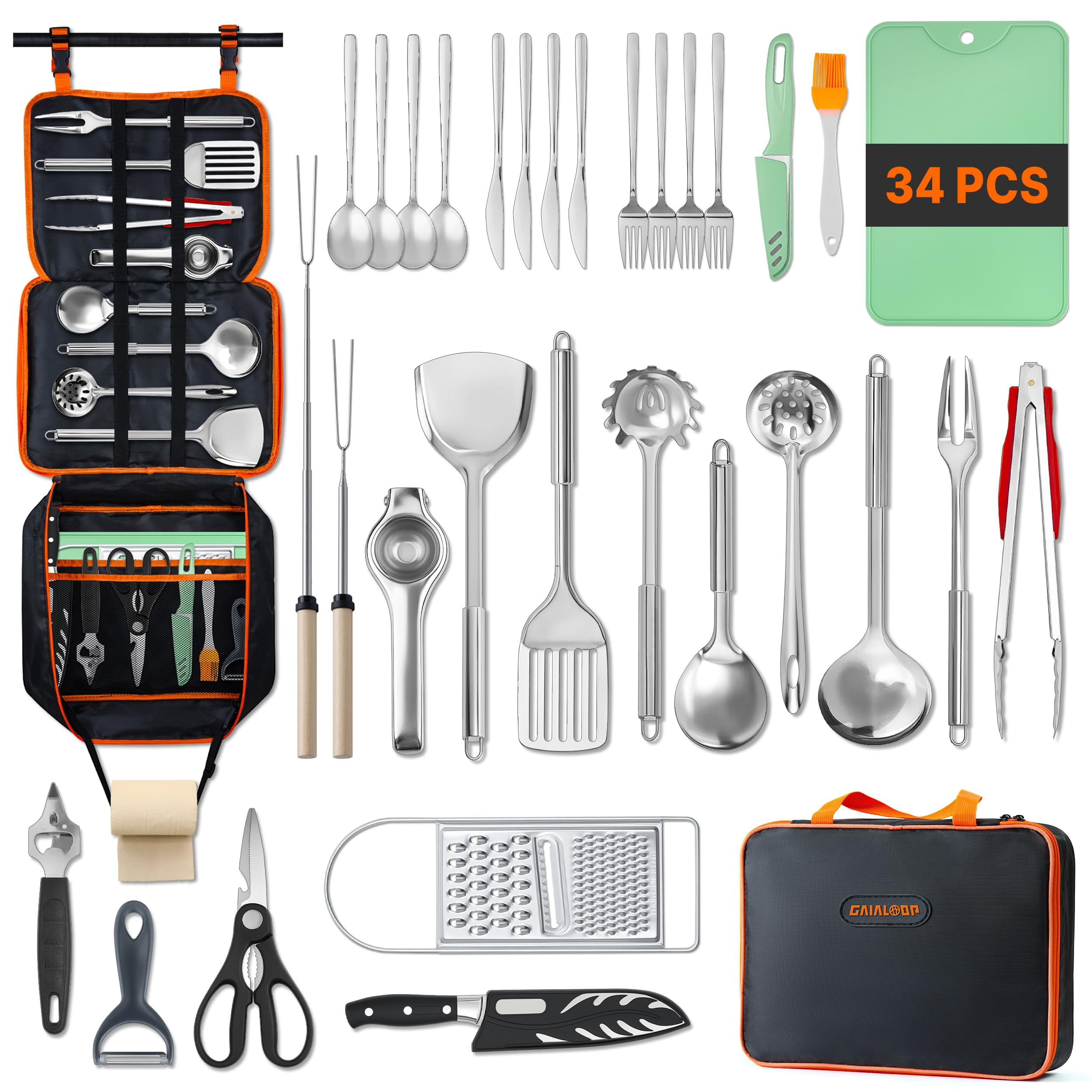 34pcs Stainless Steel Camping Kitchen Utensil Set with Carry Bag ...