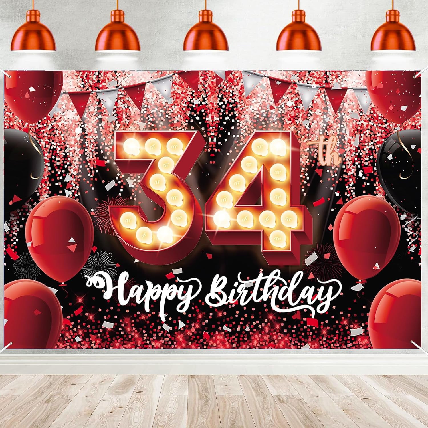 34th Happy Birthday Banner Red Sequin Balloon Banner Backdrop for Man ...