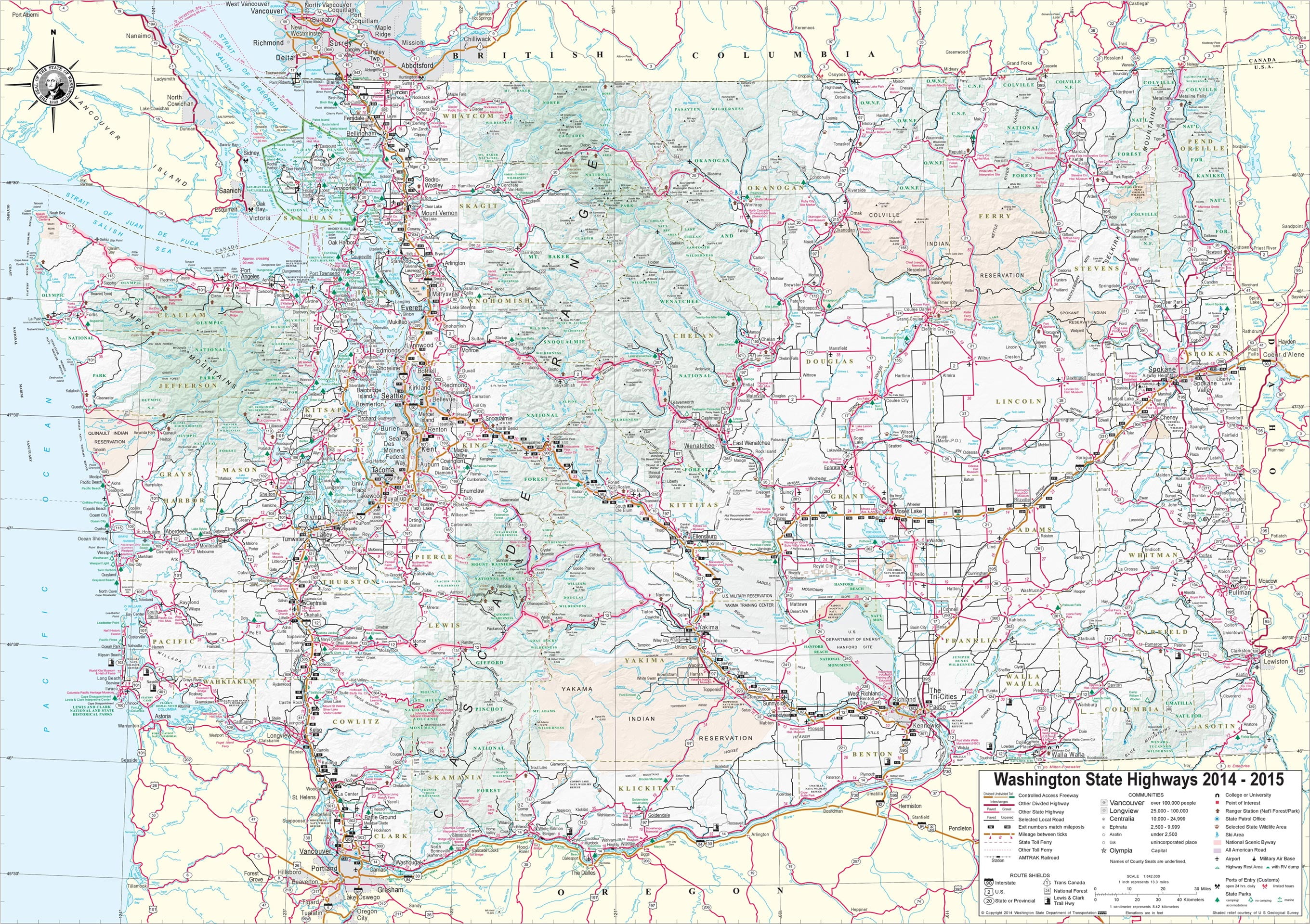 34x24in Large detailed tourist map of Washington with-cities and towns ...
