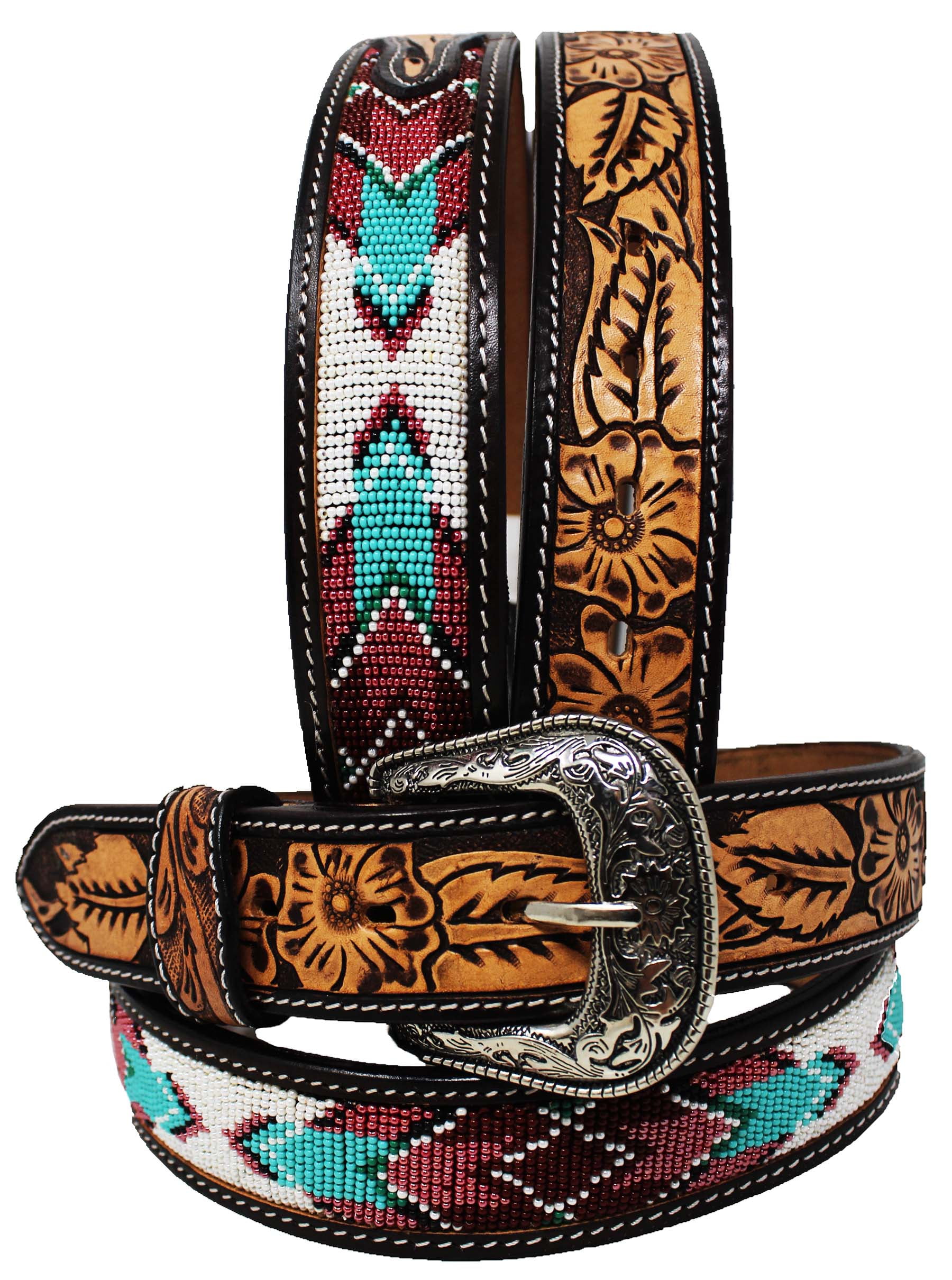 35-36 Unisex 1.5" Western Floral Tooled Beaded Full-Grain Leather Belt ...