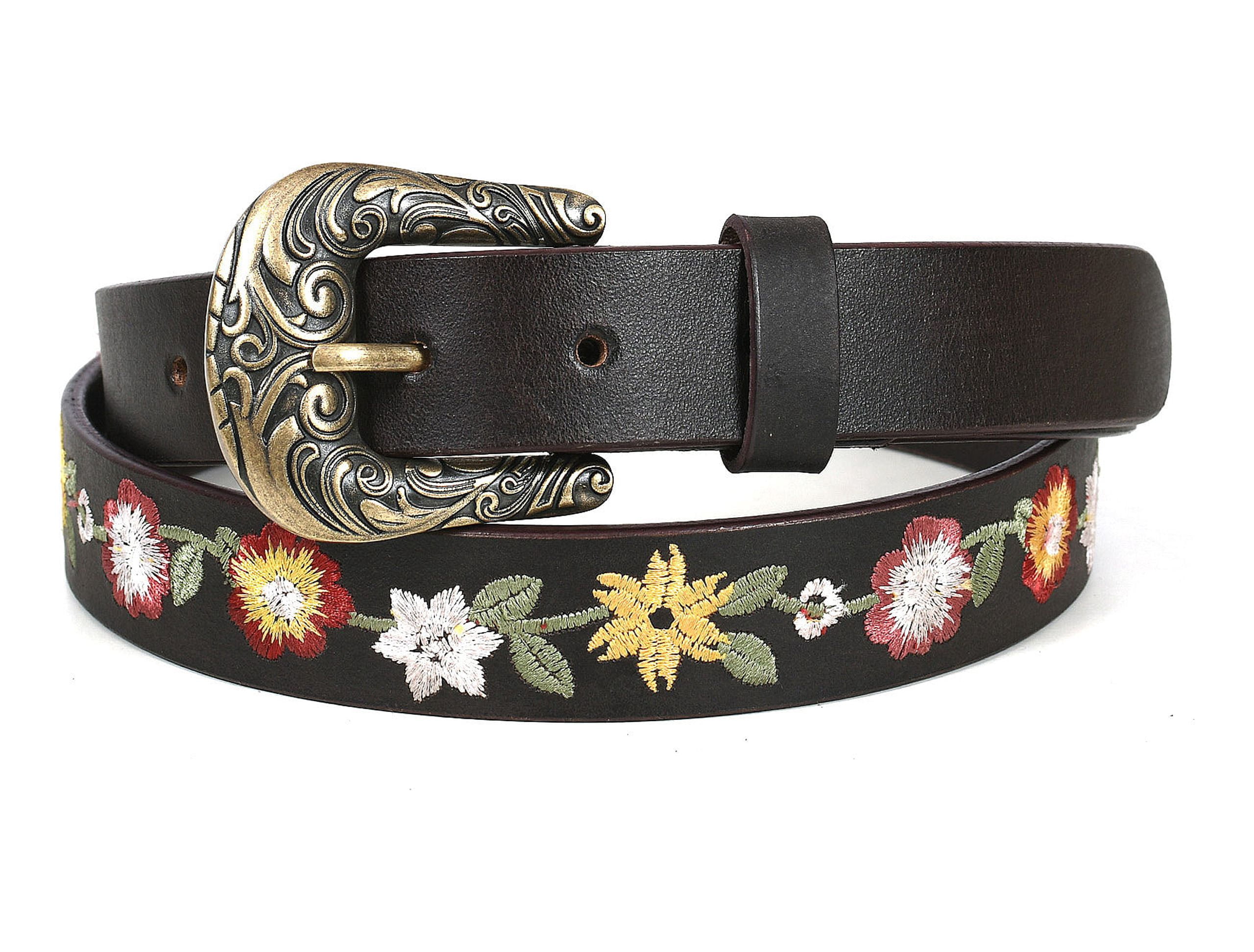 35-36 Women's 100% Leather 1" Wide Purple Floral Embroidered Belt ...