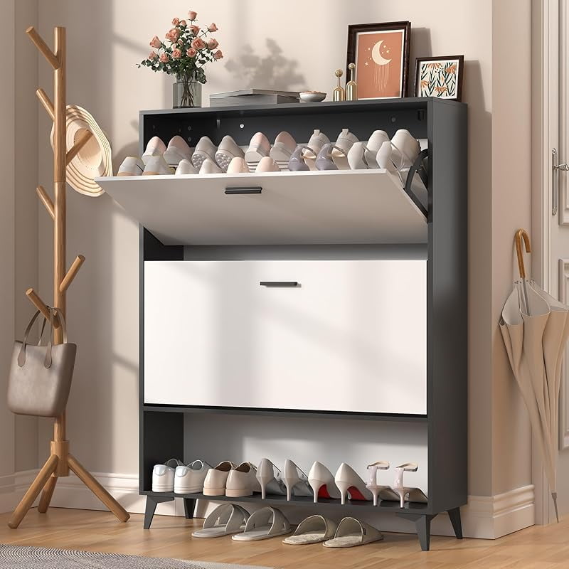 35.4'' Black Shoe Storage Cabinet for Entryway with 2 Flip Drawers ...