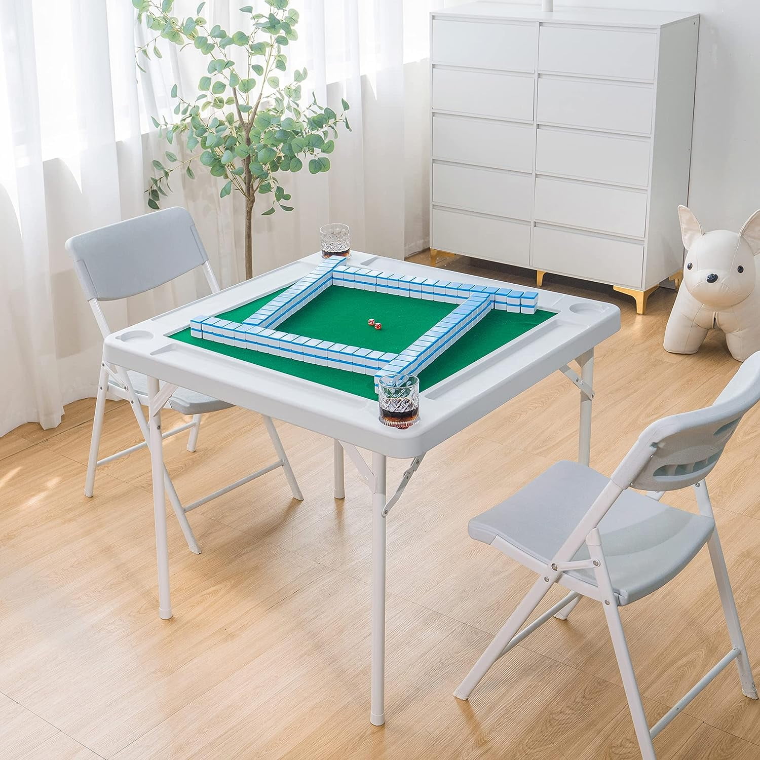 35.4’’ Folding Mahjong Table, Square 4 Player Card Game Table with Longer Chip Trays, Cup ...