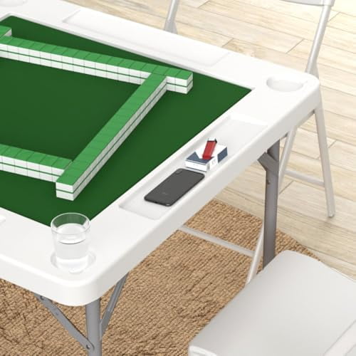 35.4" Folding Square Mahjong Table, Foldable Card Table with Cup Holders Chip Grooves Portable ...