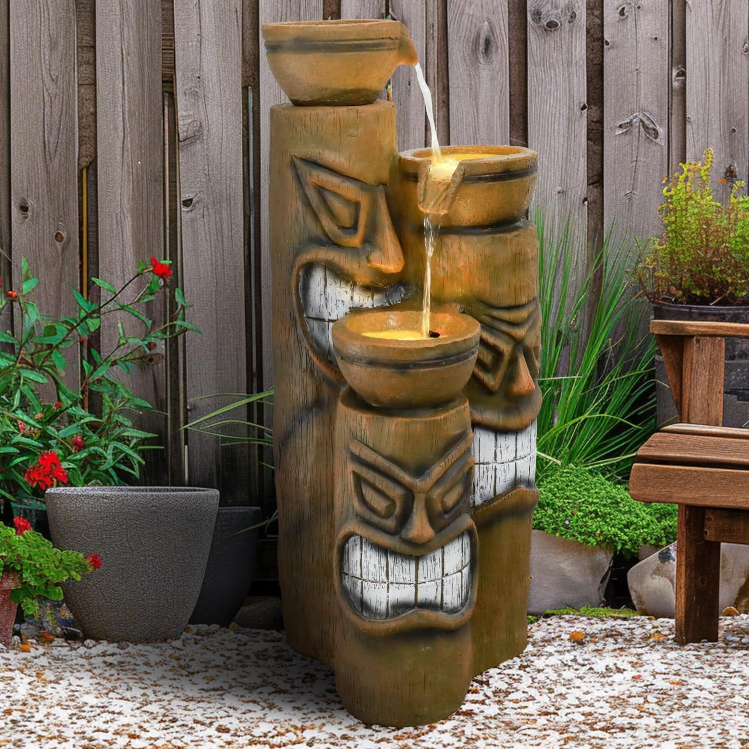 35.4" H Concrete Tiki Head Bowl Water Fountain Outdoor Floor 3-Tiered ...