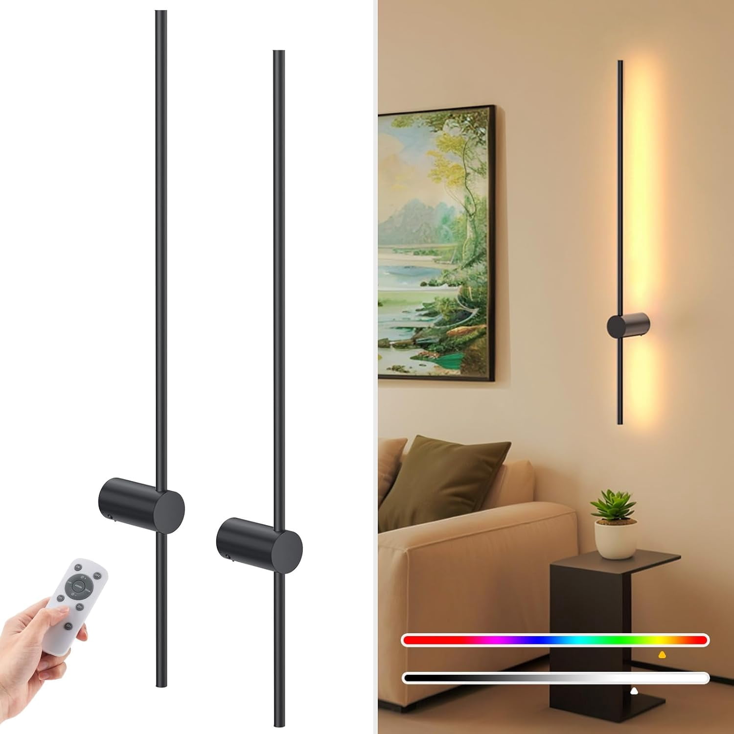 35.4 Inch Battery Operated Wall Sconce Set of 2,Black Minimalist ...