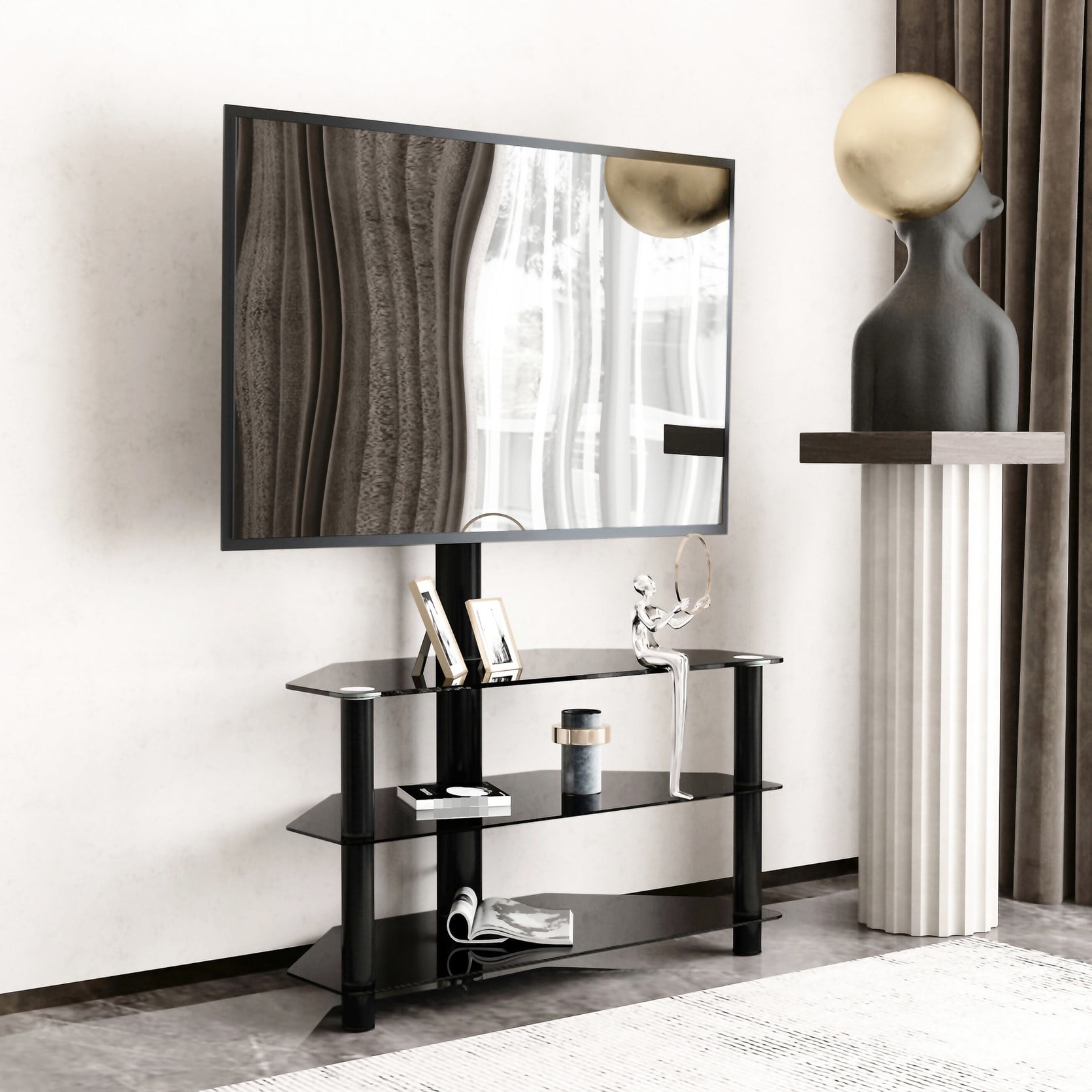 35.4 Inch Black TV Stand with Swivel and 3 - Tier Design / Watch TV ...