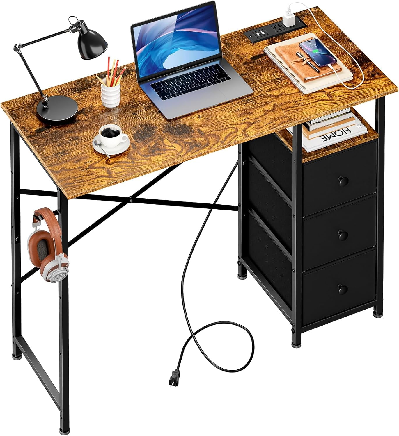 35.4 Inch Small Computer Desk with 3 Fabric Drawers and Power Outlet ...