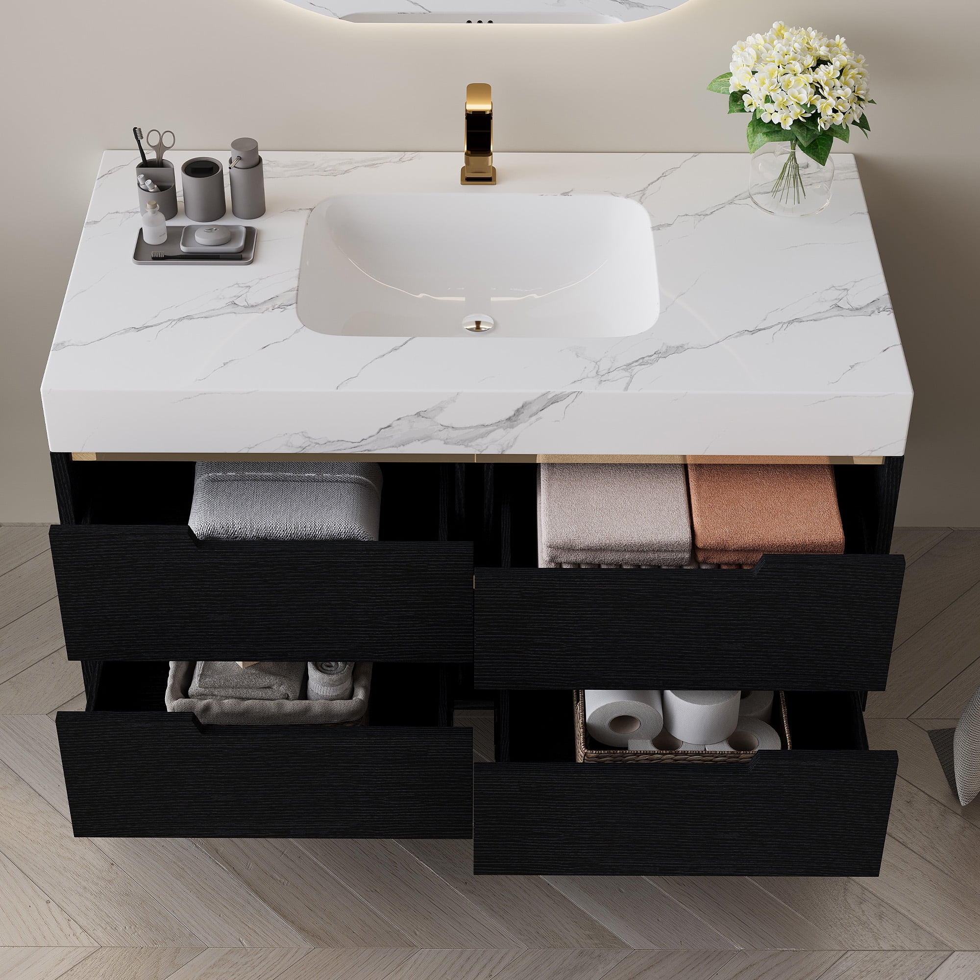 35.4" Modern Bathroom Vanity with Undermount Sink, Sintered Stone Top ...