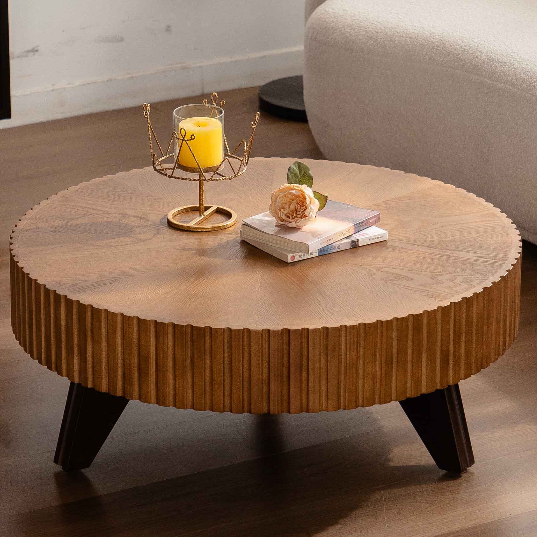 35.4" Retro Style Coffee Table - Legs & Smooth Surface Round With ...