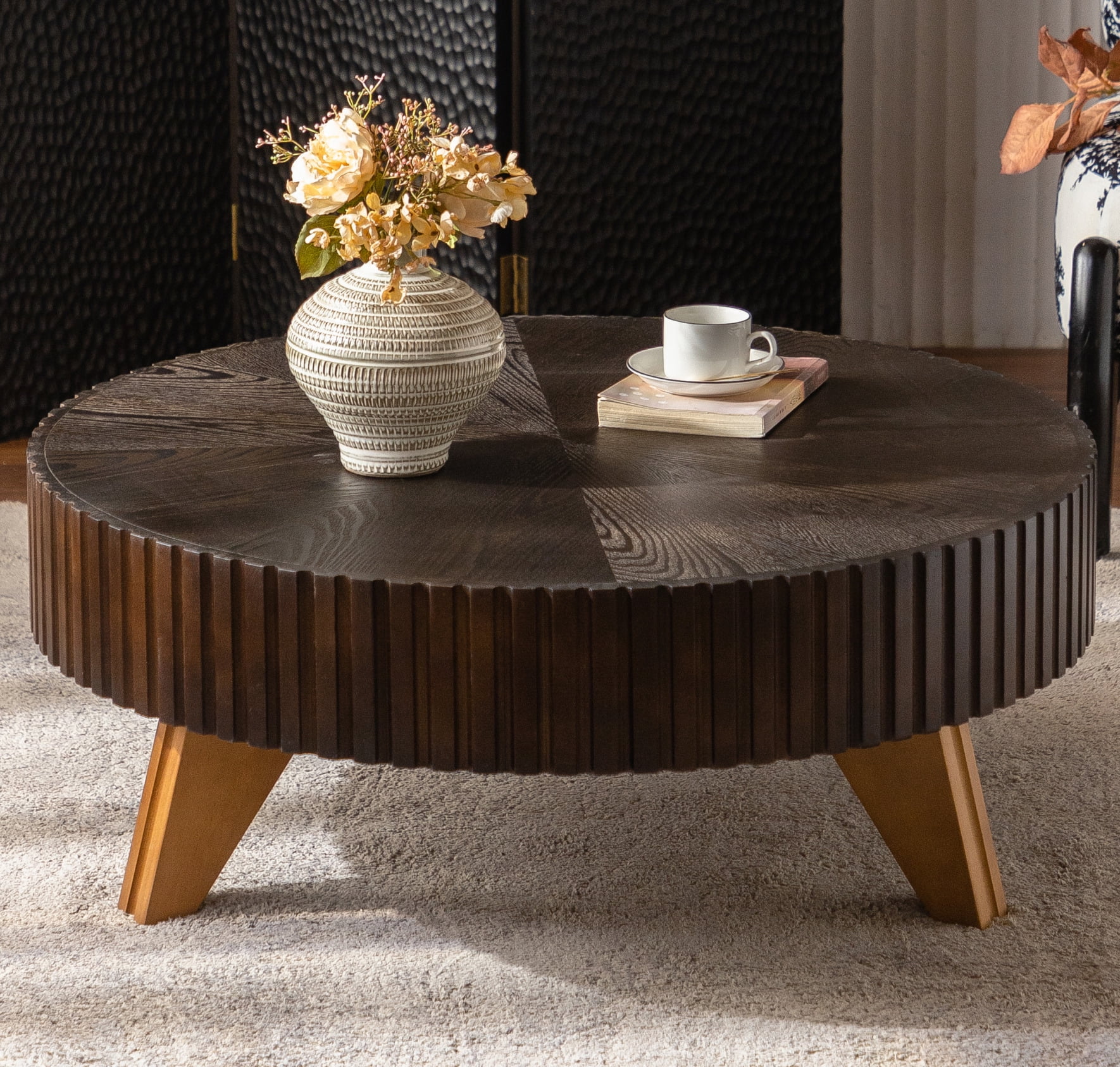 35.4" Round Retro Coffee Table, Small Accent End Side Table with Solid ...