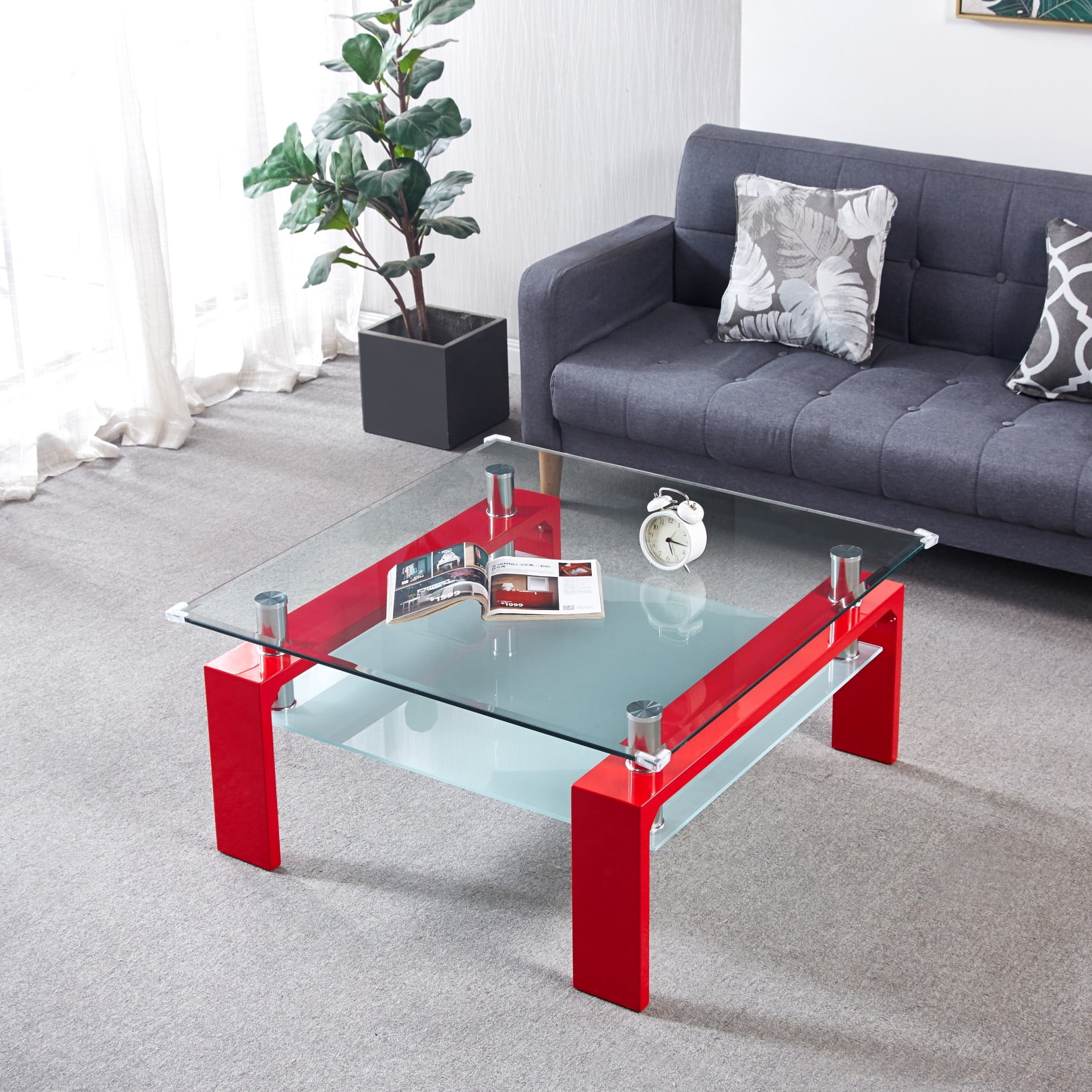35.4" Square Coffee Table with Glass Top, Modern Contemporary Glass ...