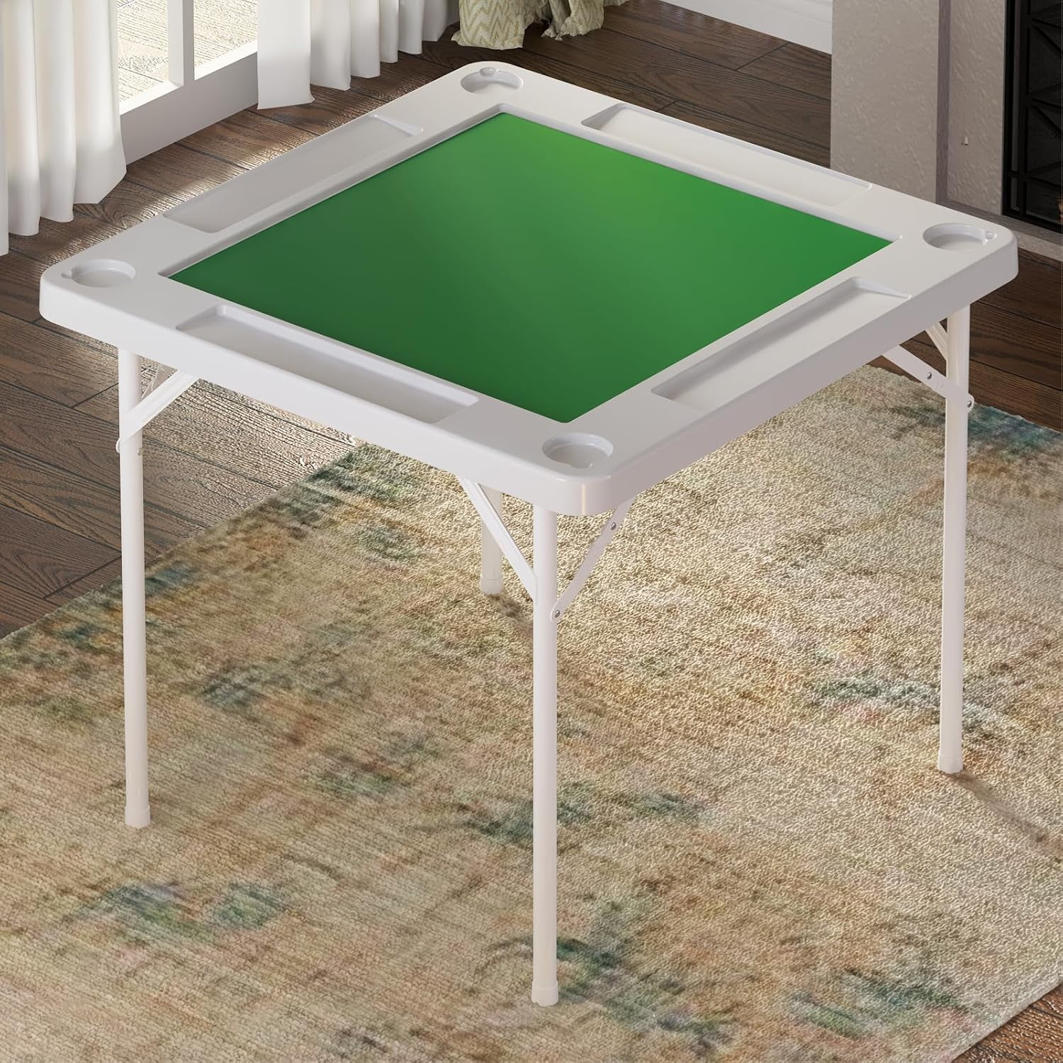 35.4" Square Folding Card Table, Mahjong Table with Green Felt ，Chip ...