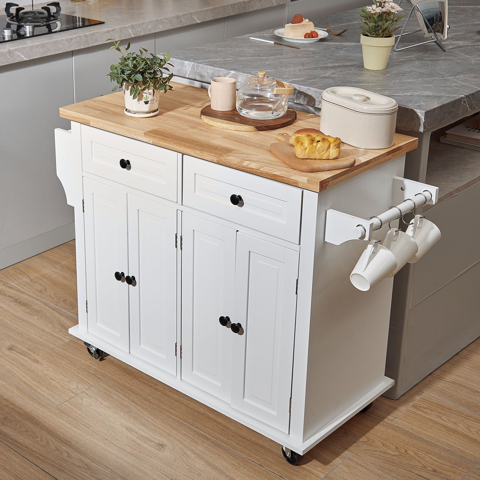 35.4" White Kitchen Island Cart with Solid Wood Top, Rolling Mobile ...