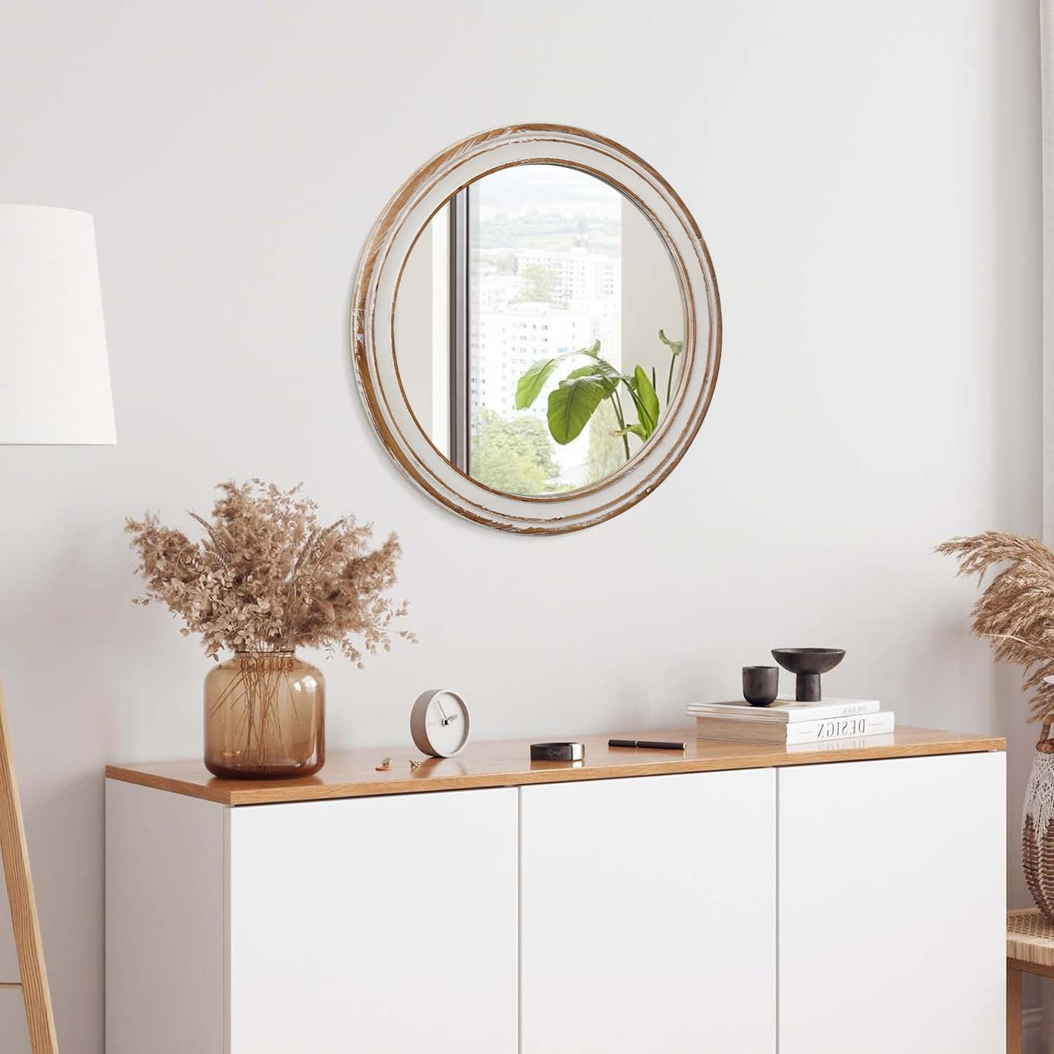 35.4 inches Round Wall Mirror for Bathroom Vanity, Wooden Farmhouse ...