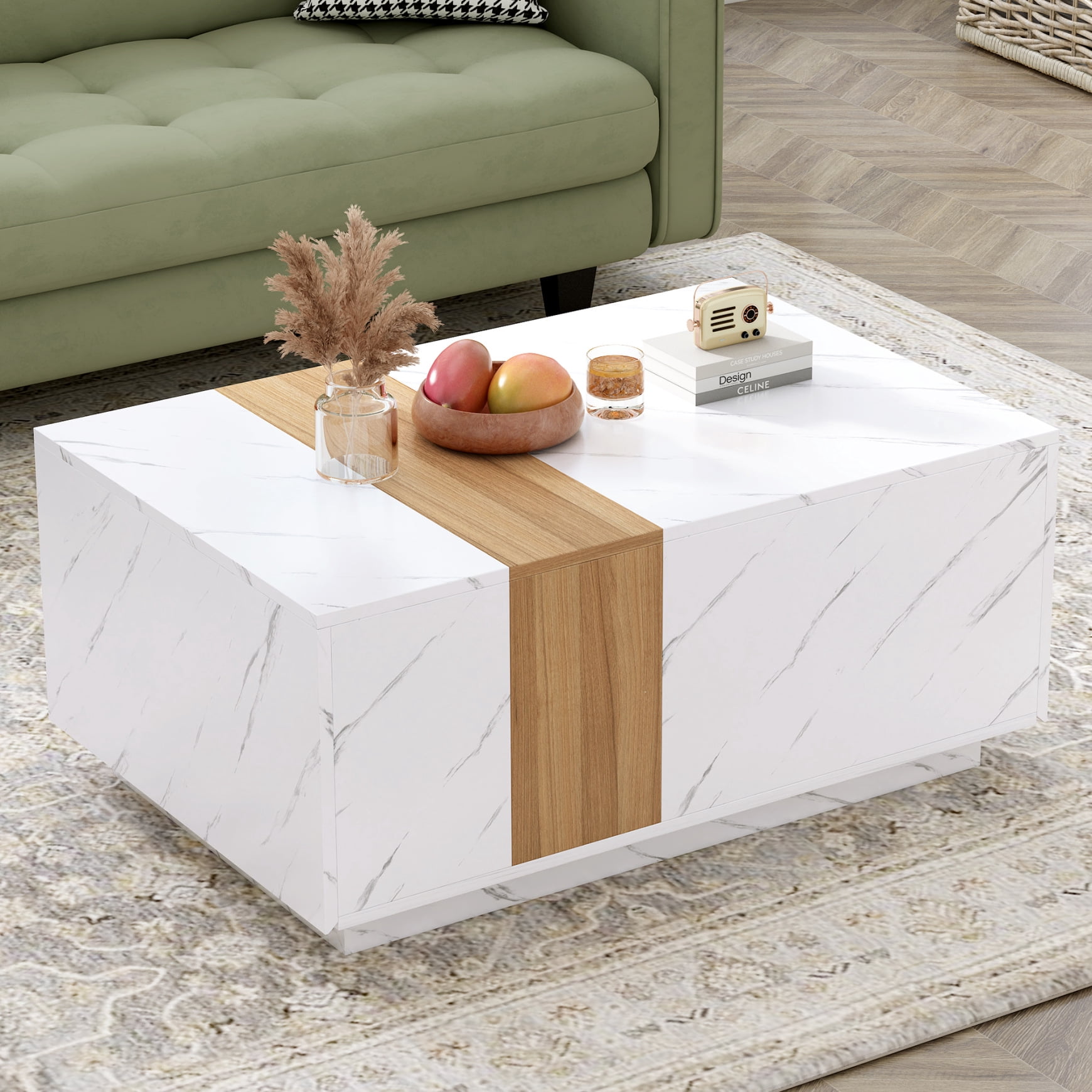 35.4 x 23.6 Inch Two-Tone Coffee Table with Faux Marble and Walnut Wood ...