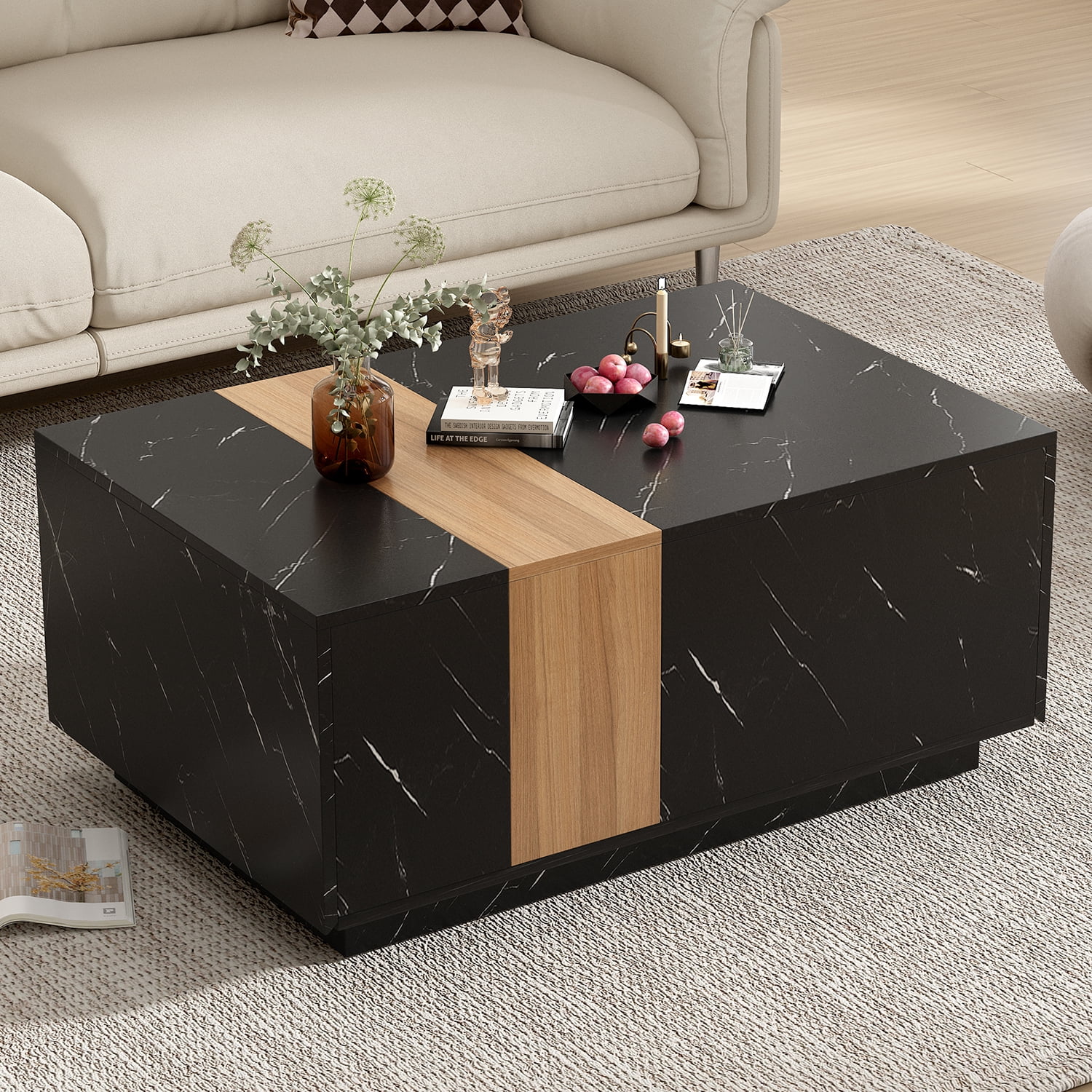 35.4" x 23.6" Modern Coffee Table, Two-tone Coffee Table with 2 Storage ...