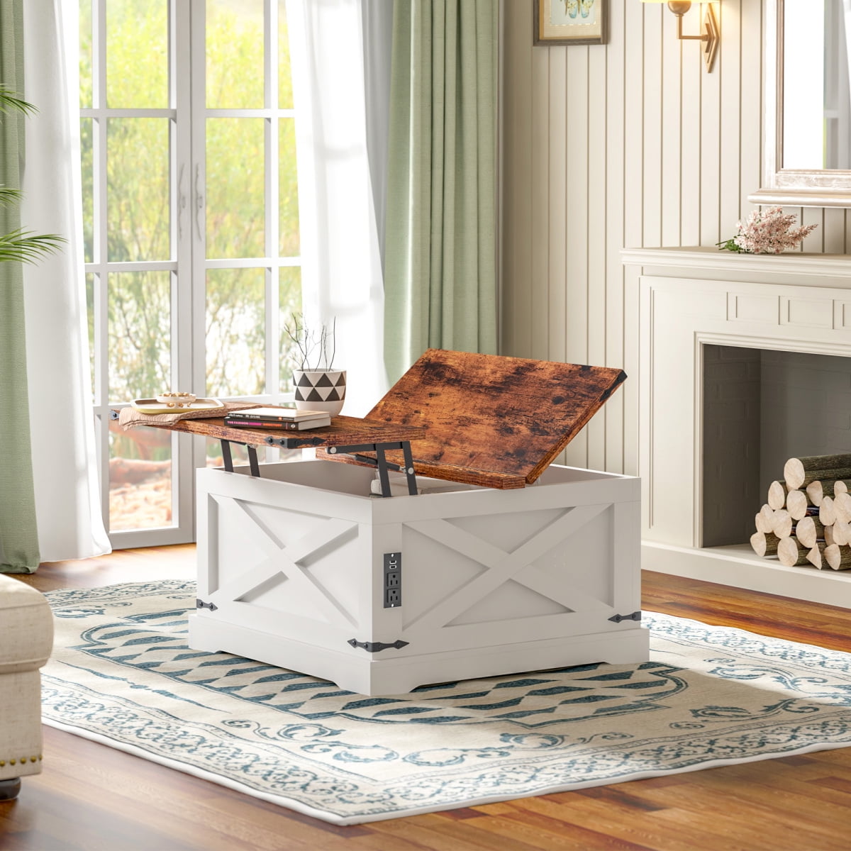 35.4"x35.4" Lift-Top Coffee Table with Storage & Charging Station ...