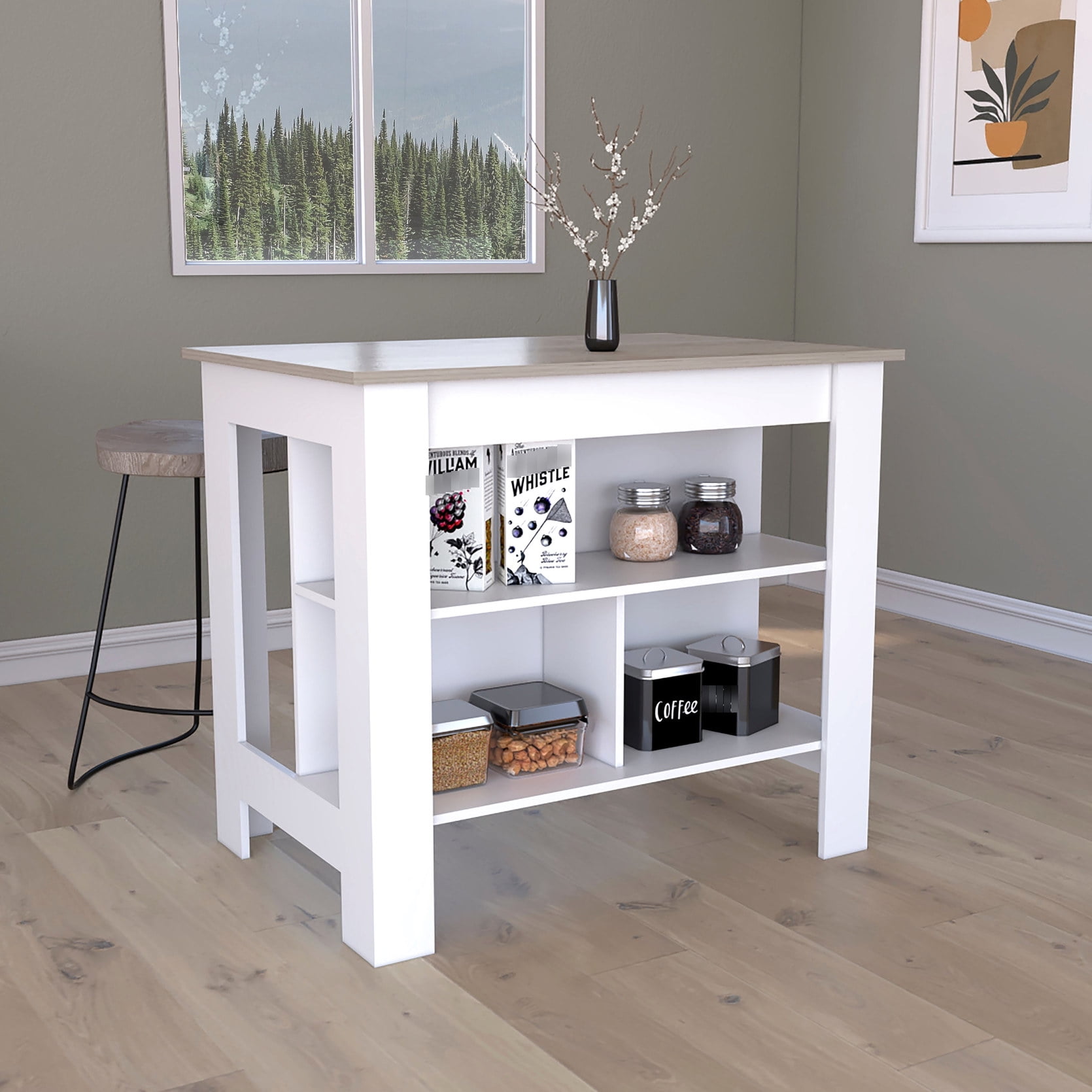 35.40 in High Kitchen Island | Three Open Shelves for Pots, Anti ...