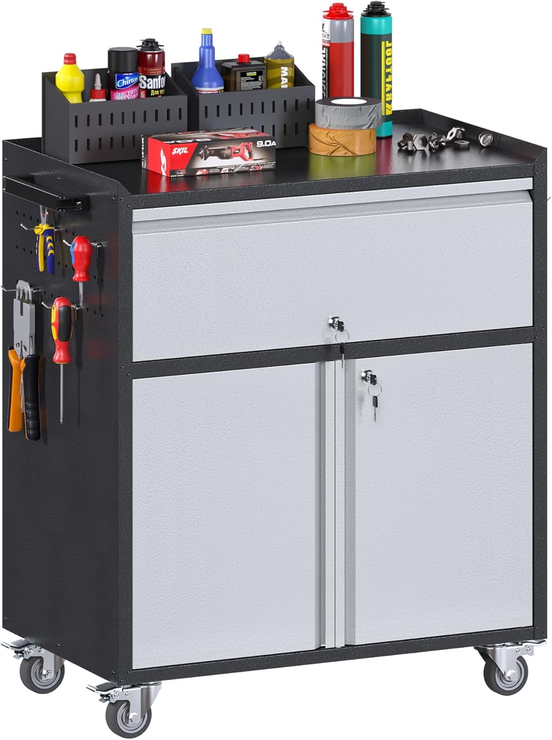 35.43" H Metal Garage Storage Cabinet with Wheels Locking Steel Tool ...