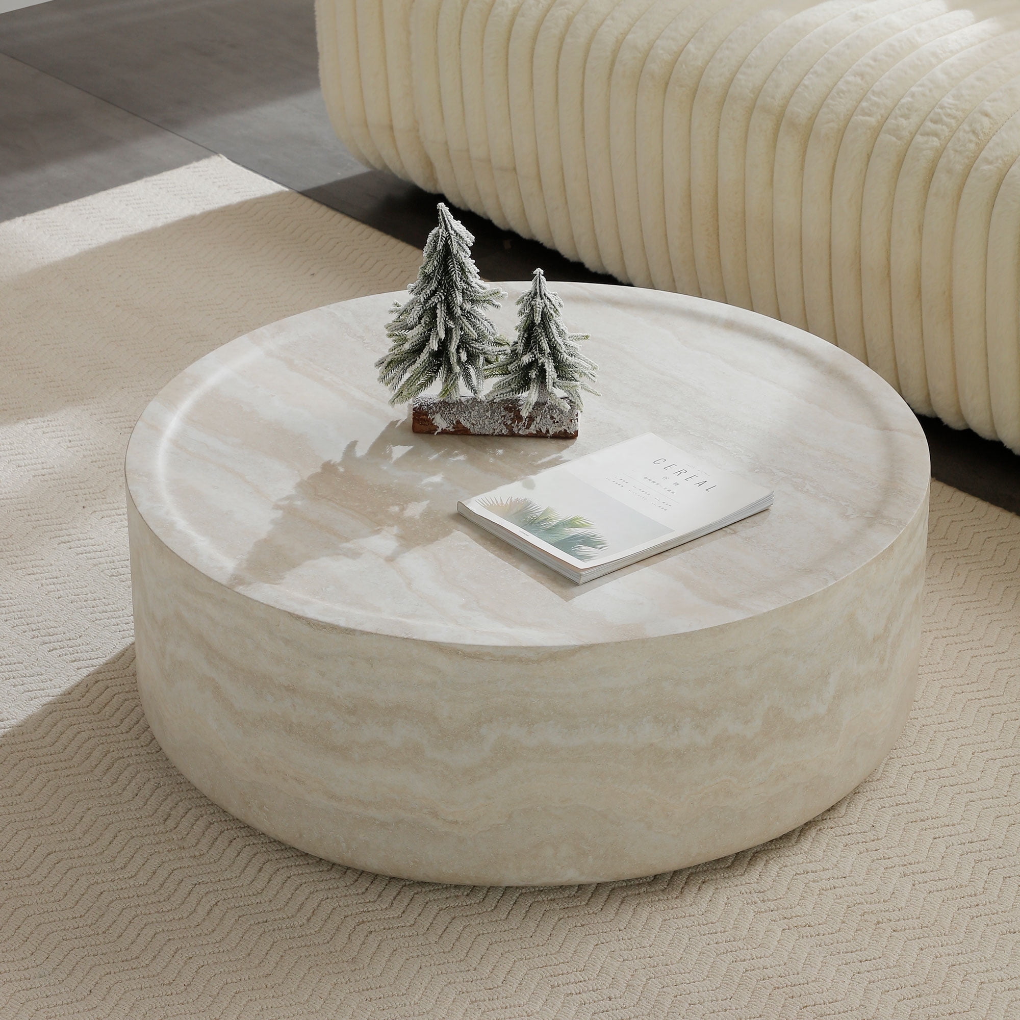 Kevinplus 35.43'' Round Coffee Tables, Tea Faux Travertine Textured ...