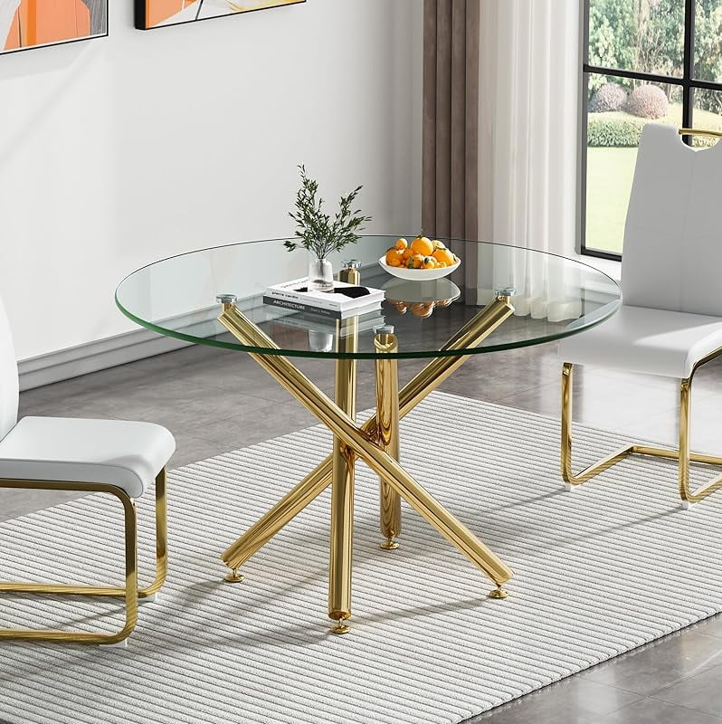 35.43" Glass Round Dining Table with Metal Tube Legs, Gold Kitchen ...
