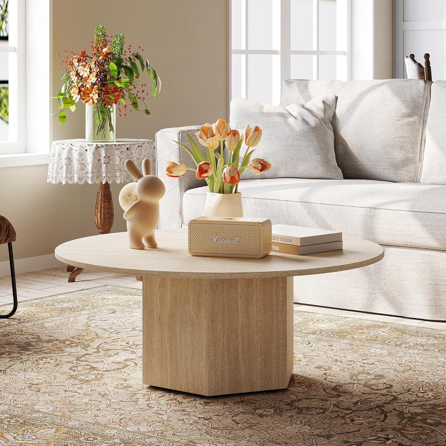 35.43" Round Coffee Table for Living Room, Modern Sintered Stone Coffee ...