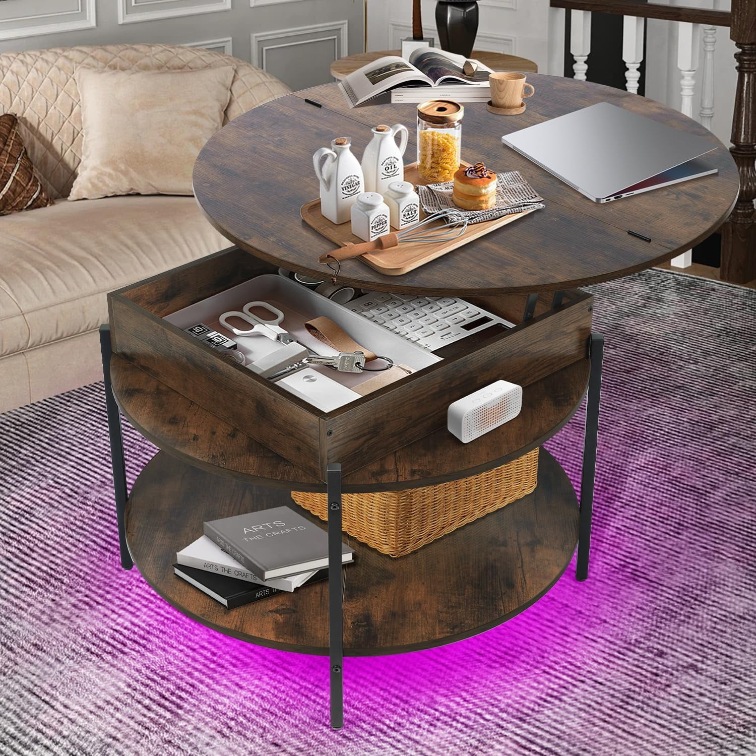 35.43" Round Lift Top Coffee Table with 2-Tier Storage, Circle Storage ...
